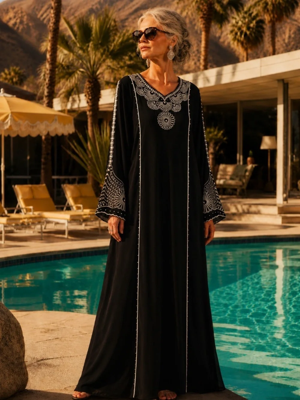 Dresses | Black Gold Embellished Caftan Dress Marked Size 3 Ml Crepe ...